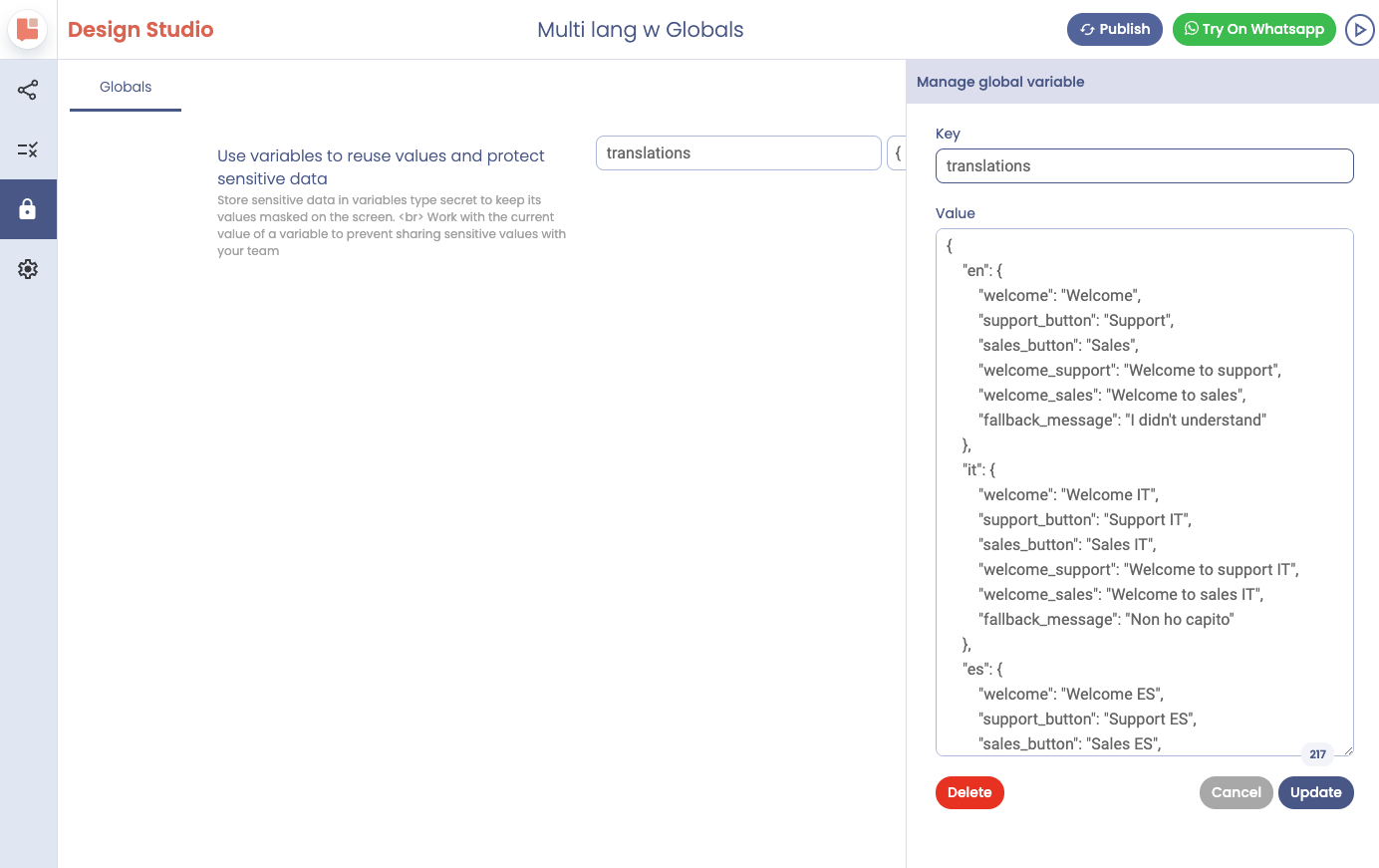 Multi language chatbot using Globals section to host all the ...