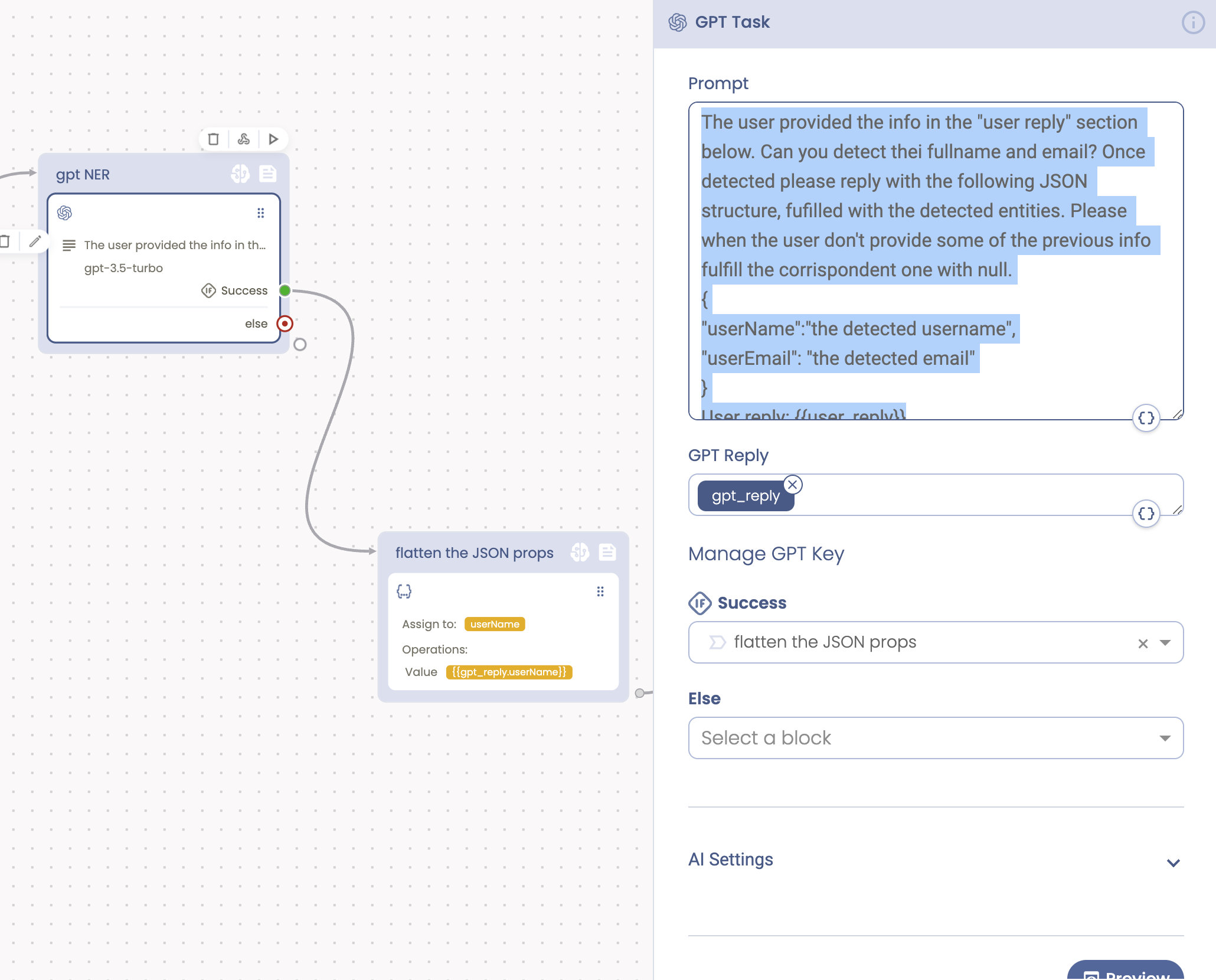ChatGPT with Named Entity Recognition (NER) | Chatbot template - Tiledesk